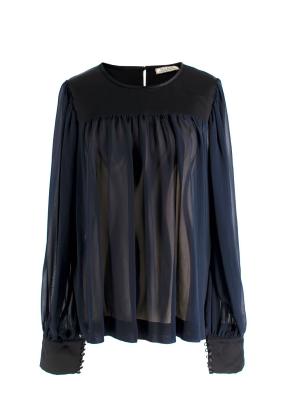 Nina Ricci Black and Navy Pleated Sheer Silk Blouse | XXL | Hardly Ever Worn It