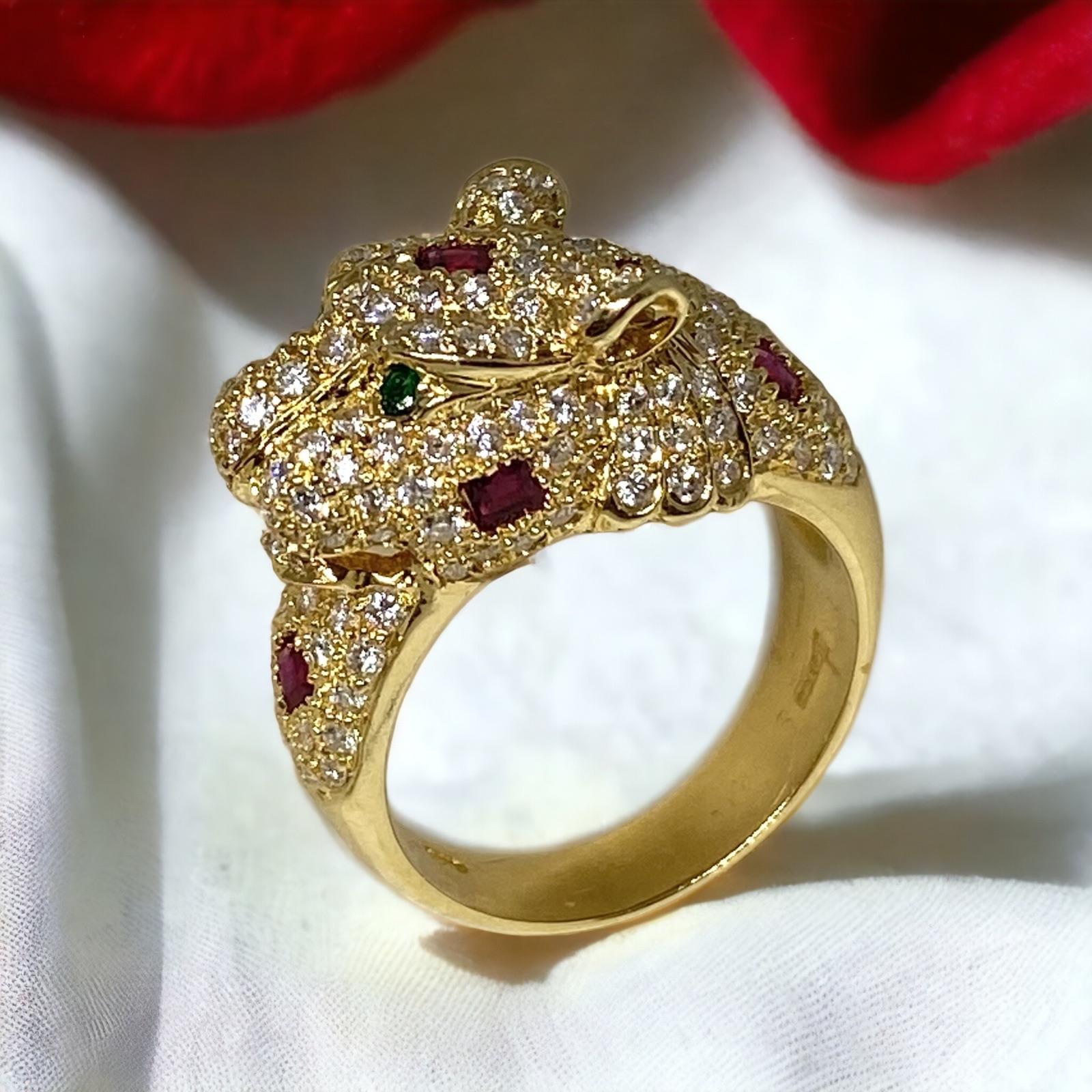 Bespoke 18ct Gold Ruby, Diamond and Emerald Panther Ring | Hardly Ever ...