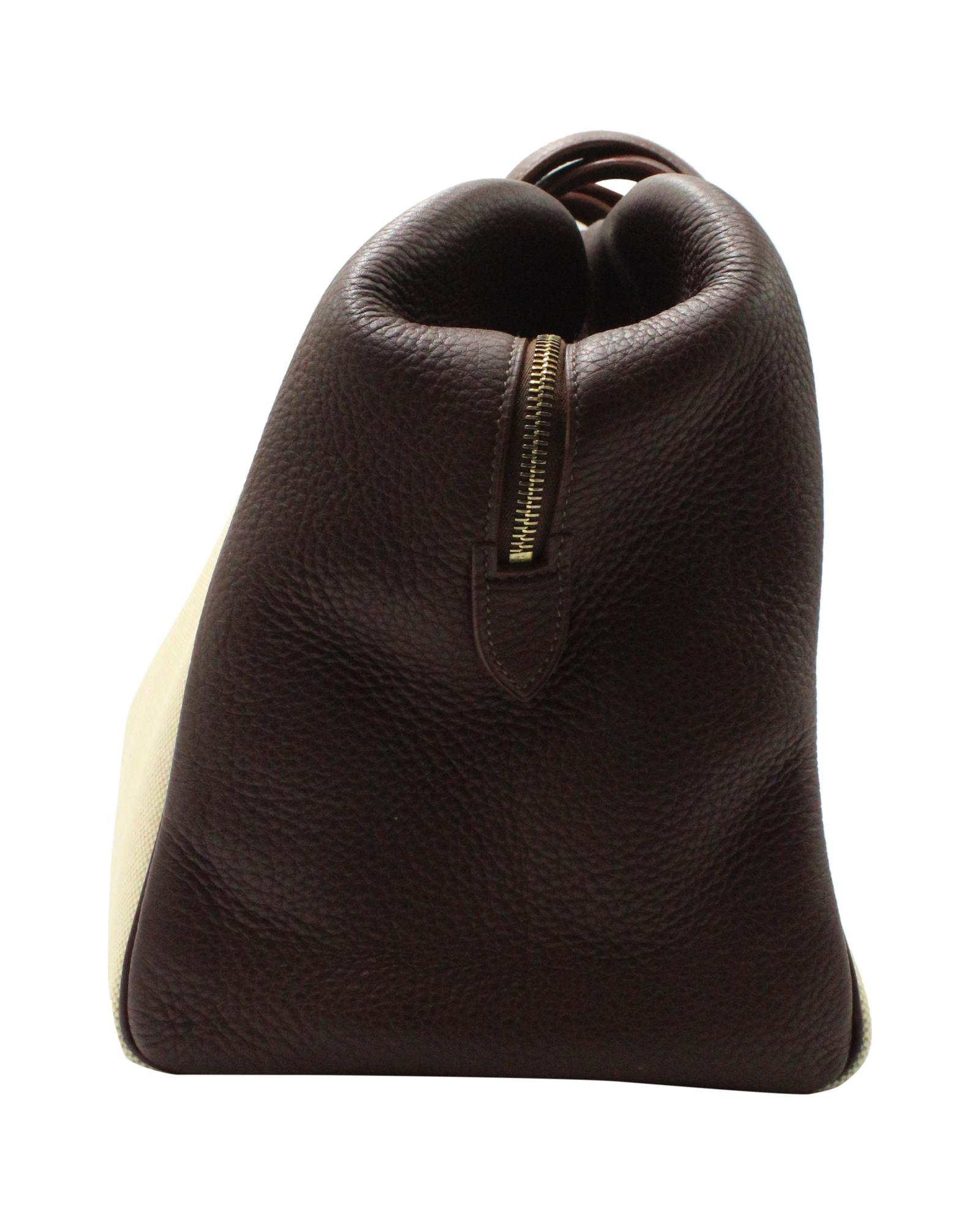Hermes Cream Canvas and Leather Victoria 43 Boston Bag | Hardly Ever ...