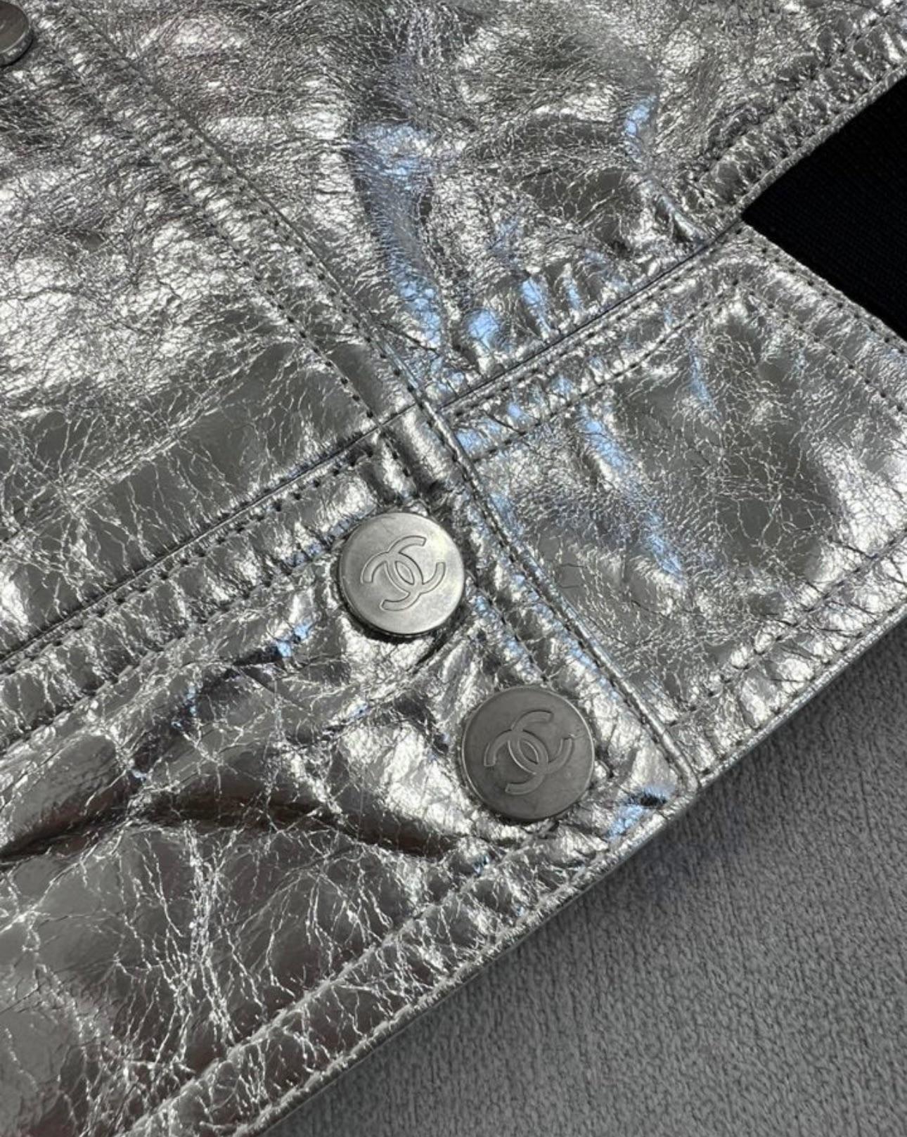 Chanel Silver Leather Bomber Jacket | M | Hardly Ever Worn It