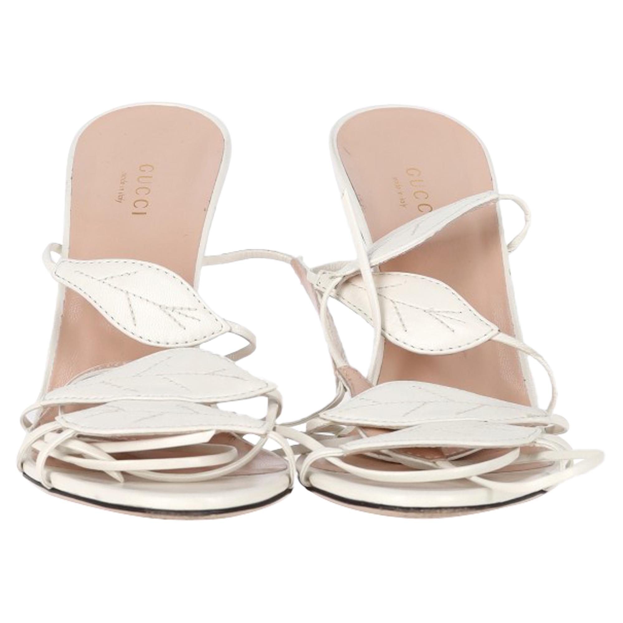 Gucci White Leather Leaf Strapped Sandal Heels | 39 | Hardly Ever Worn It