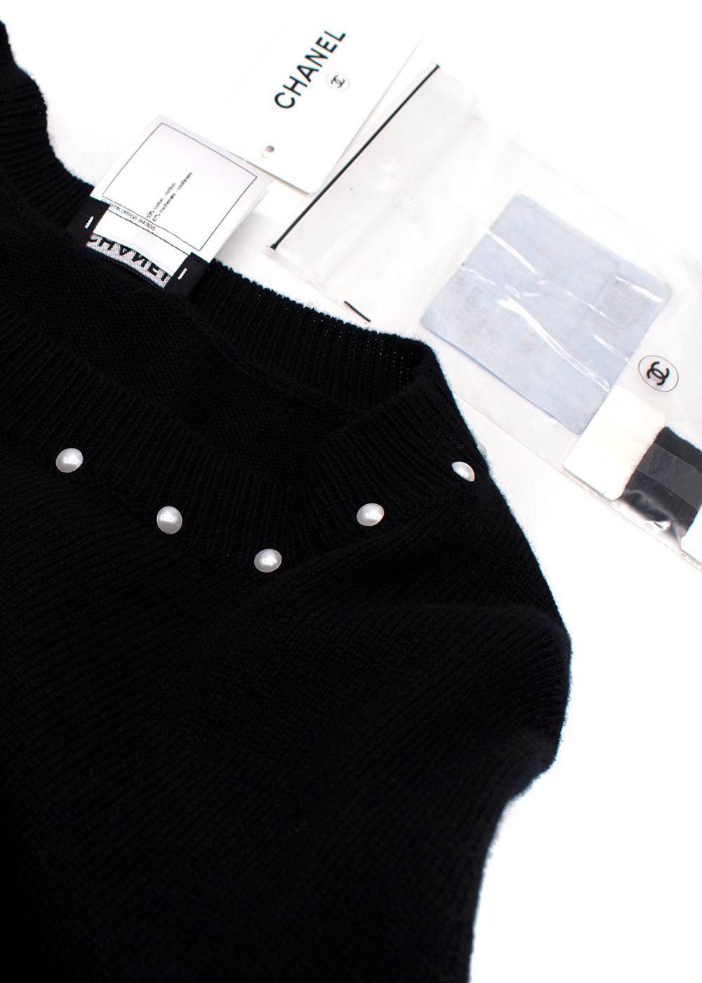 Chanel Black Short Sleeve Knit with Pearl Detailing and Navy Bow Skirt ...