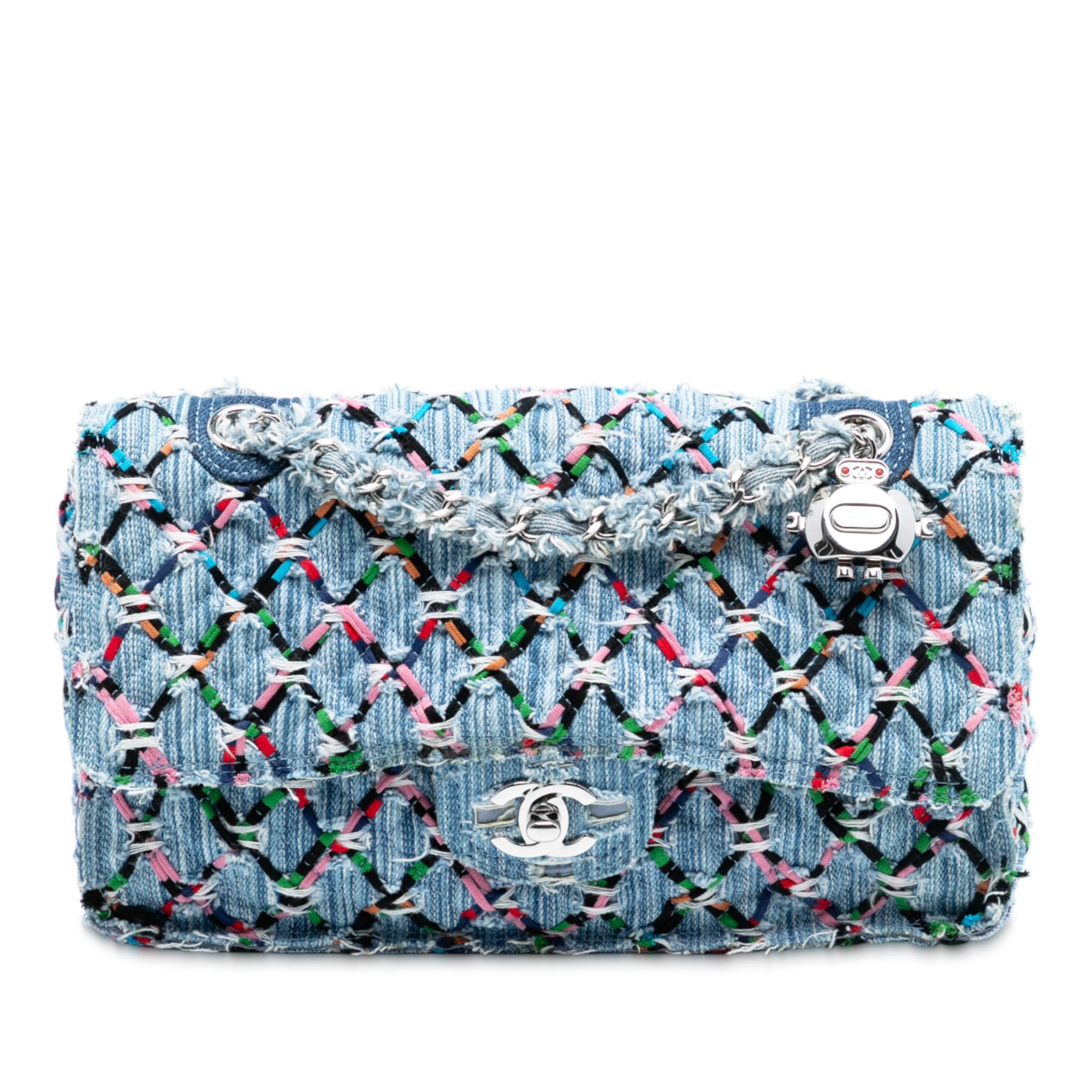 Chanel Blue Medium Denim Rainbow Woven Stitch Quilted Robot Charm ...