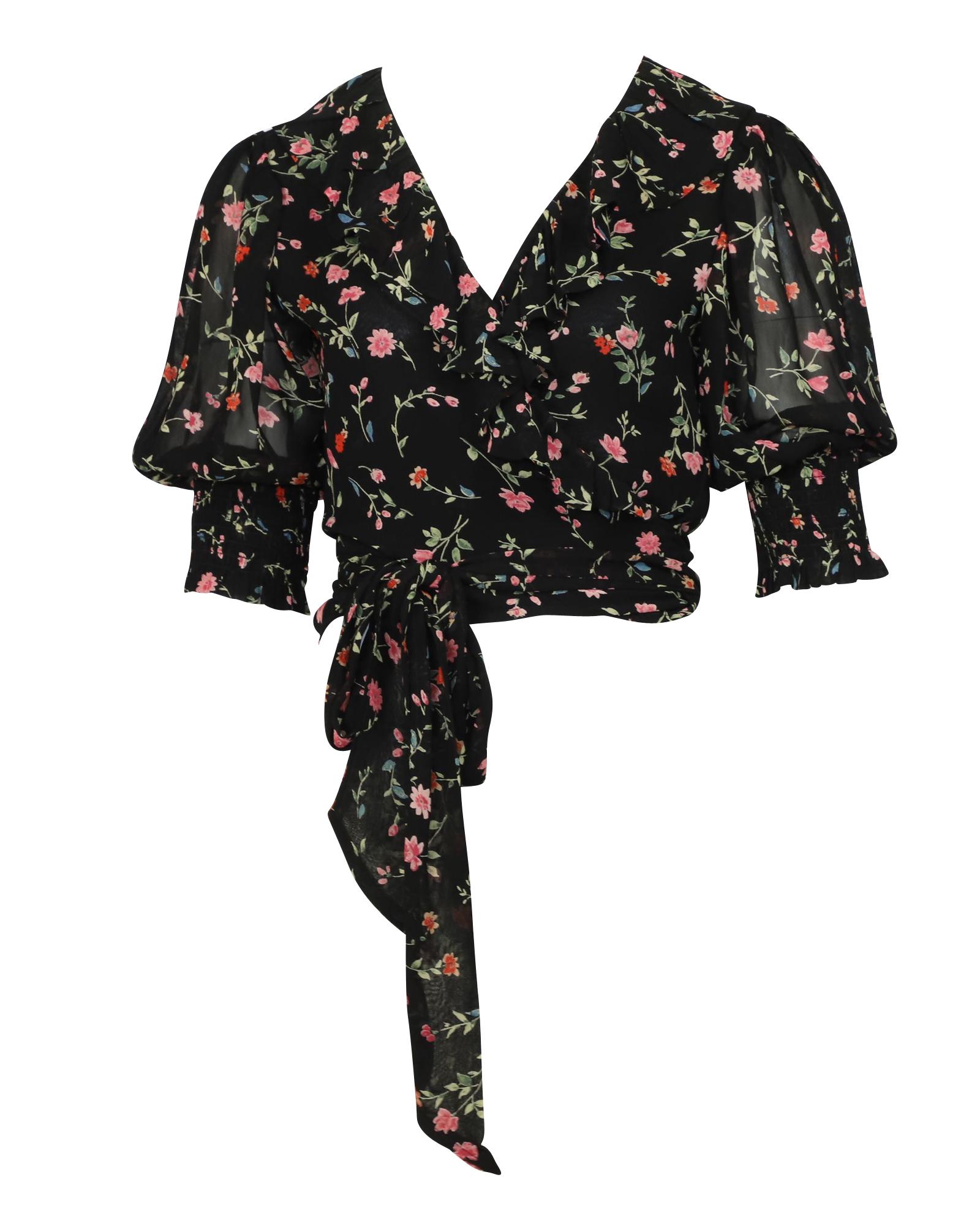 Ganni Black floral chiffon wrap blouse | M | Hardly Ever Worn It